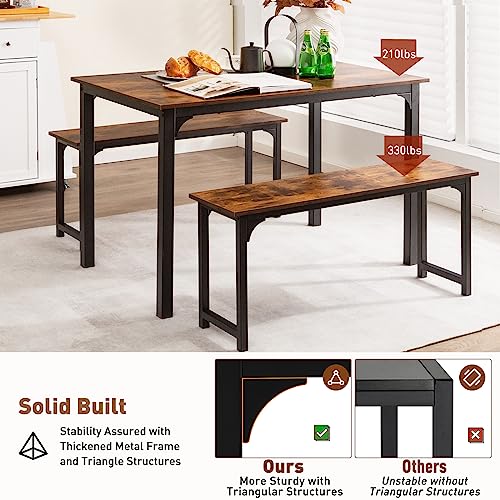 NAFORT 3-Piece Dining Table Set for 4, Kitchen Table with 2 Benches, 43.5ββ Space Saving Dining Room Table with Metal Frame & Solid MDF Wood Board, Ideal for Home, Restaurant, Patio Outdoor