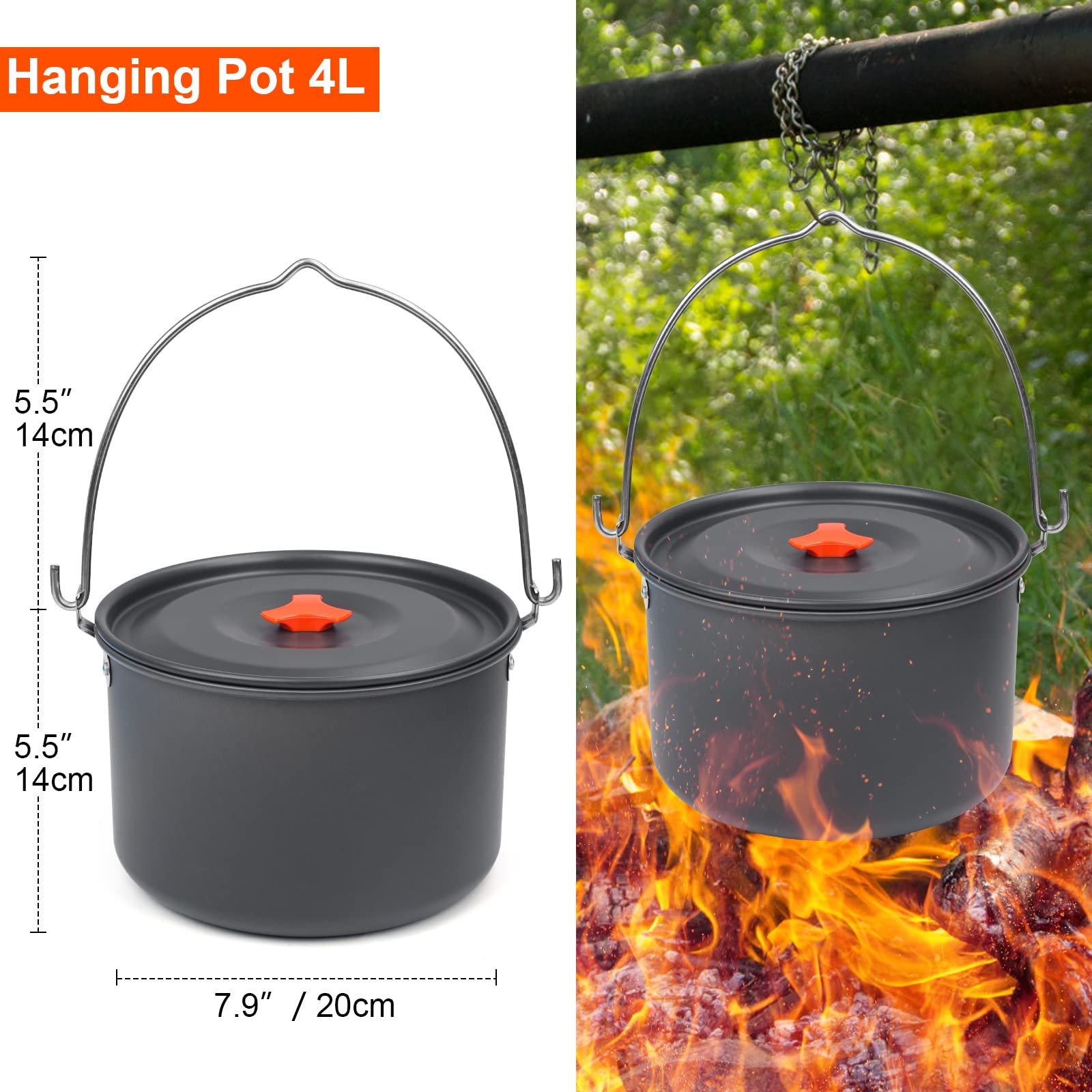 Bisgear Family Camping Cookware Hanging Pot Pan Kettle Mess Kit - Camping Cooking Accessories Set with 4 Cups Dishes Cutlery - Camping Pots and Pans Set Backpacking Survial Gear