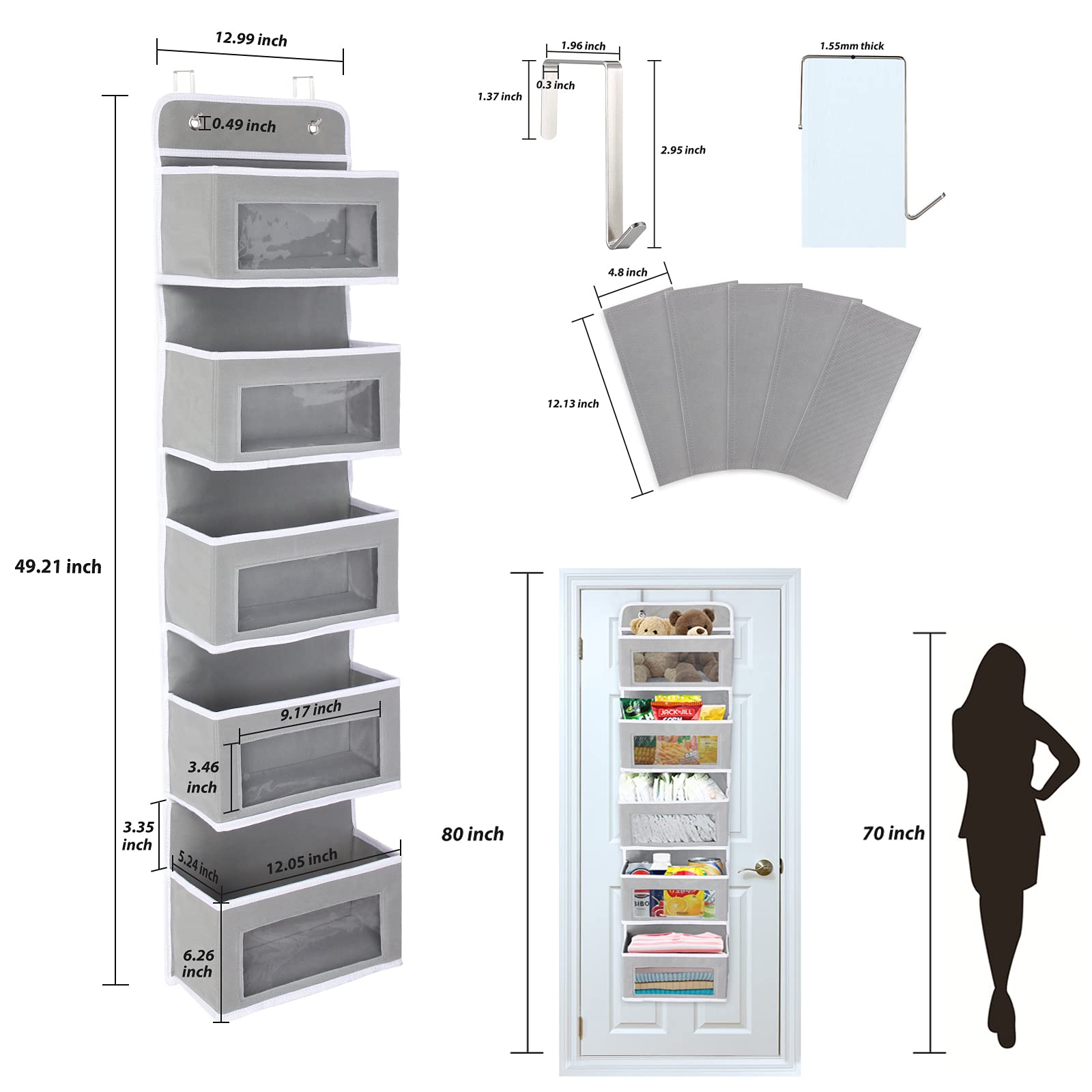 sysucpion Over The Door Hanging Organizer Storage with 5 Clear Window Large Capacity Pocket and 2 Metal Hooks for Pantry,Closet,Bathroom,Kitchen,Nursery,Dorm
