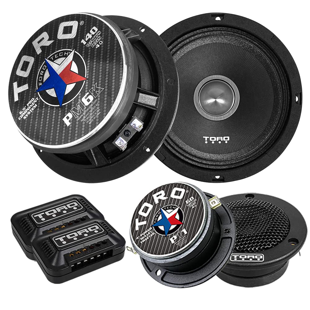 TORO TECH – PM6K, 6.5 Inch 2-Way Component Kit Pro Audio Shallow Mount Speakers - 340 Watts RMS Power / 140 Watts Music Program, 25mm Aluminum Tweeters, 4 Ohm, 1.5" Voice Coil (Pair)