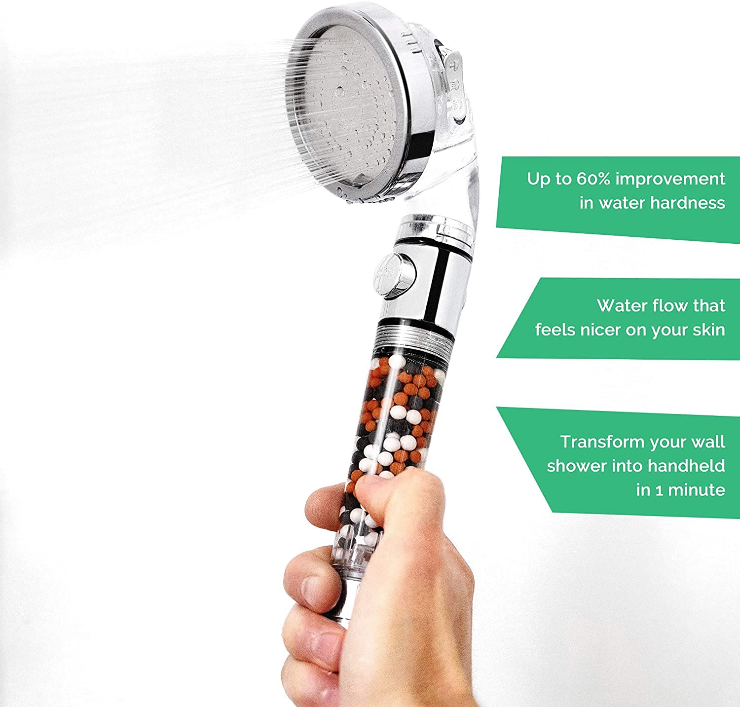 Filtered Shower Head by StoneStream, Original EcoPower High Pressure Shower head with Hard Water Filter and ON/OFF switch and Spa like Ionic beads for Dry Skin & Hair —3 Spray Settings