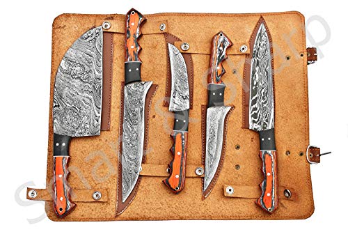 Custom Handmade Damascus Chef Knives Set/Kitchen Knives 5 Pieces Set SS-17211 (Orange and Black Color Wood)