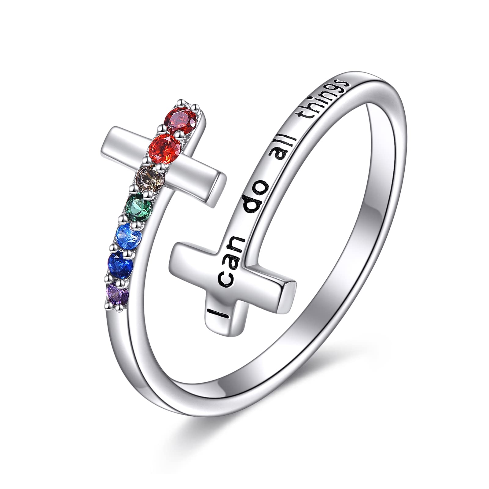 CRMAD Faith Cross Ring 925 Sterling Silver Cross Ring for Women I Can Do All Things 7 Chakra Jewelry Gifts(8)