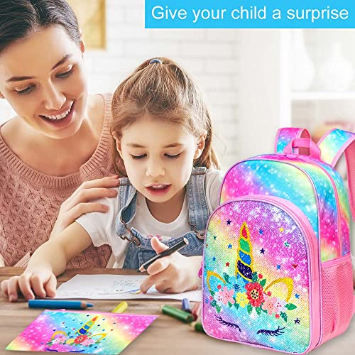 CCJPX 3PCS Unicorn Backpack for Girls, 16โ Kids Sequin Bookbag and Lunch Box for Kindergarten Elementary