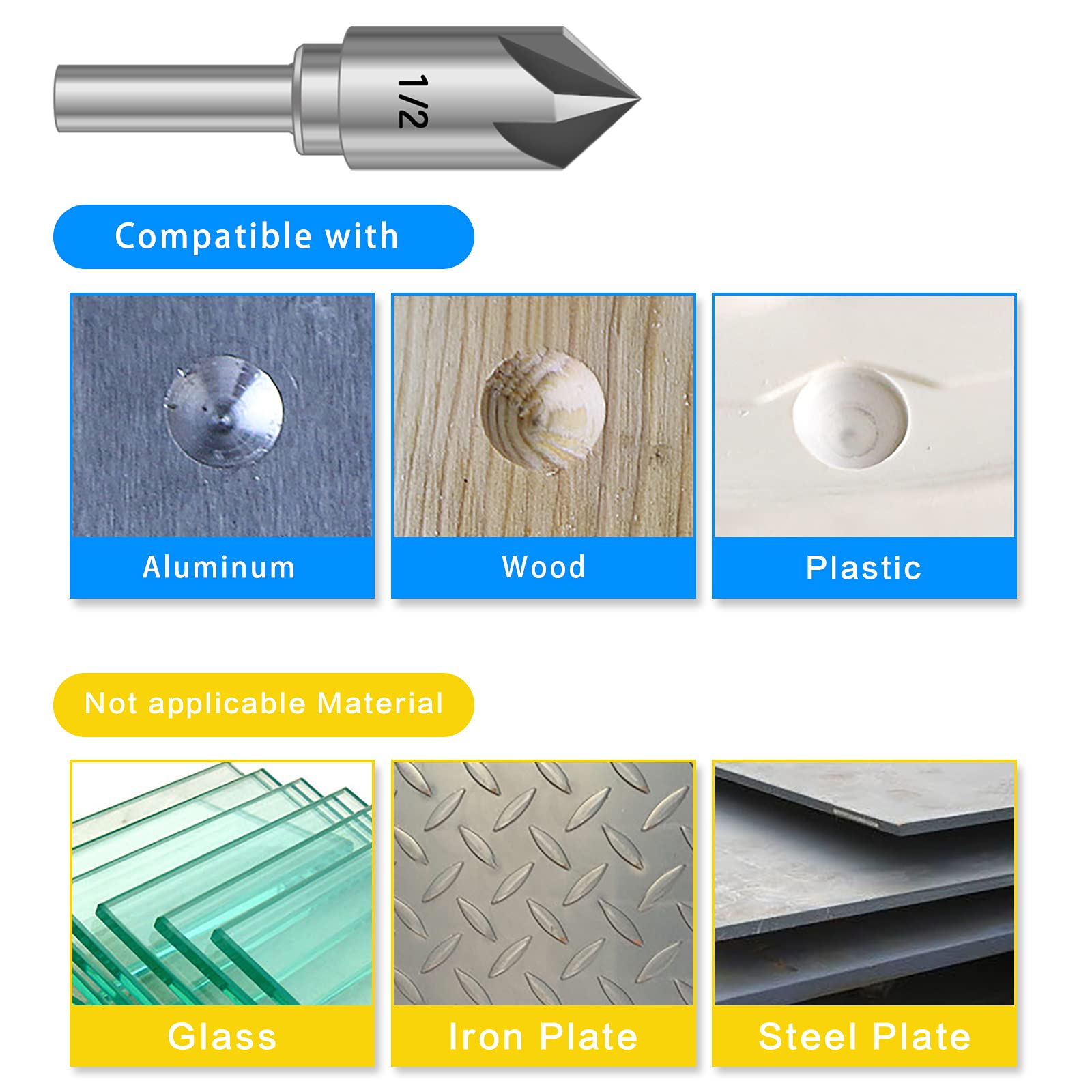 Countersink Drill Bit Set, 5 Pieces 1/4” 3/8” 1/2” 5/8” 3/4” High Speed Steel 1/4” (6mm) Round Shank, 82 Degrees Counter Angle, 5 Flute Mill Cutter Bit Countersink Set, Silver