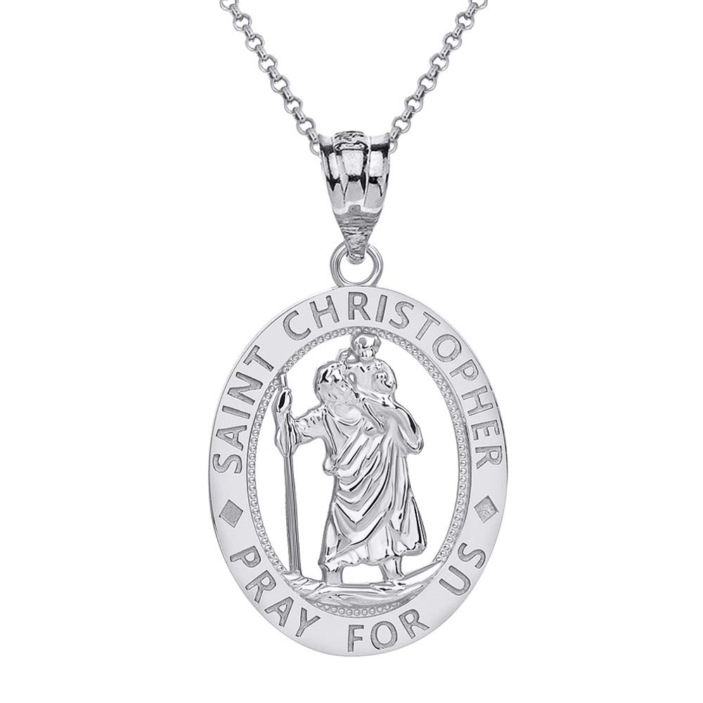 CaliRoseJewelry 10k Saint Christopher Pray for Us Oval Charm Pendant Necklace in White Gold, 16"