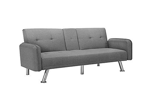 FULife Futon Sofa Convertible Sleeper Couch Bed Daybed Loveseat, Folding Recliner with 2 Cup Holders, Metal Legs, Removable Soft Pillow-Top Armrest for Living Room Small Place, Light Gray 66.1