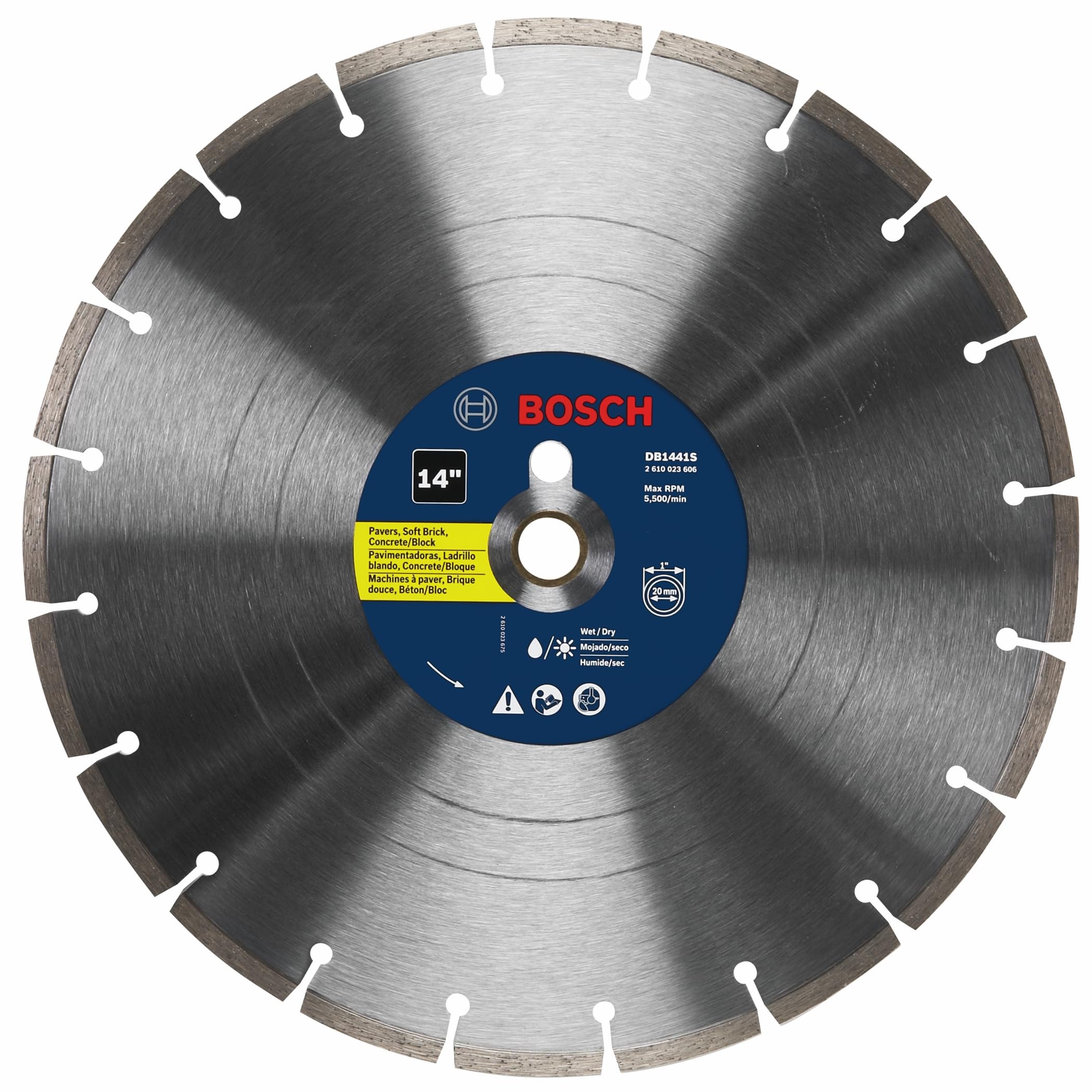 BOSCH DB1441S 14 In. Standard Segmented Rim Diamond Blade with 1 In. Arbor for Universal Rough Cut Wet/Dry Cutting Applications in Pavers, Soft Brick, Concrete/Block
