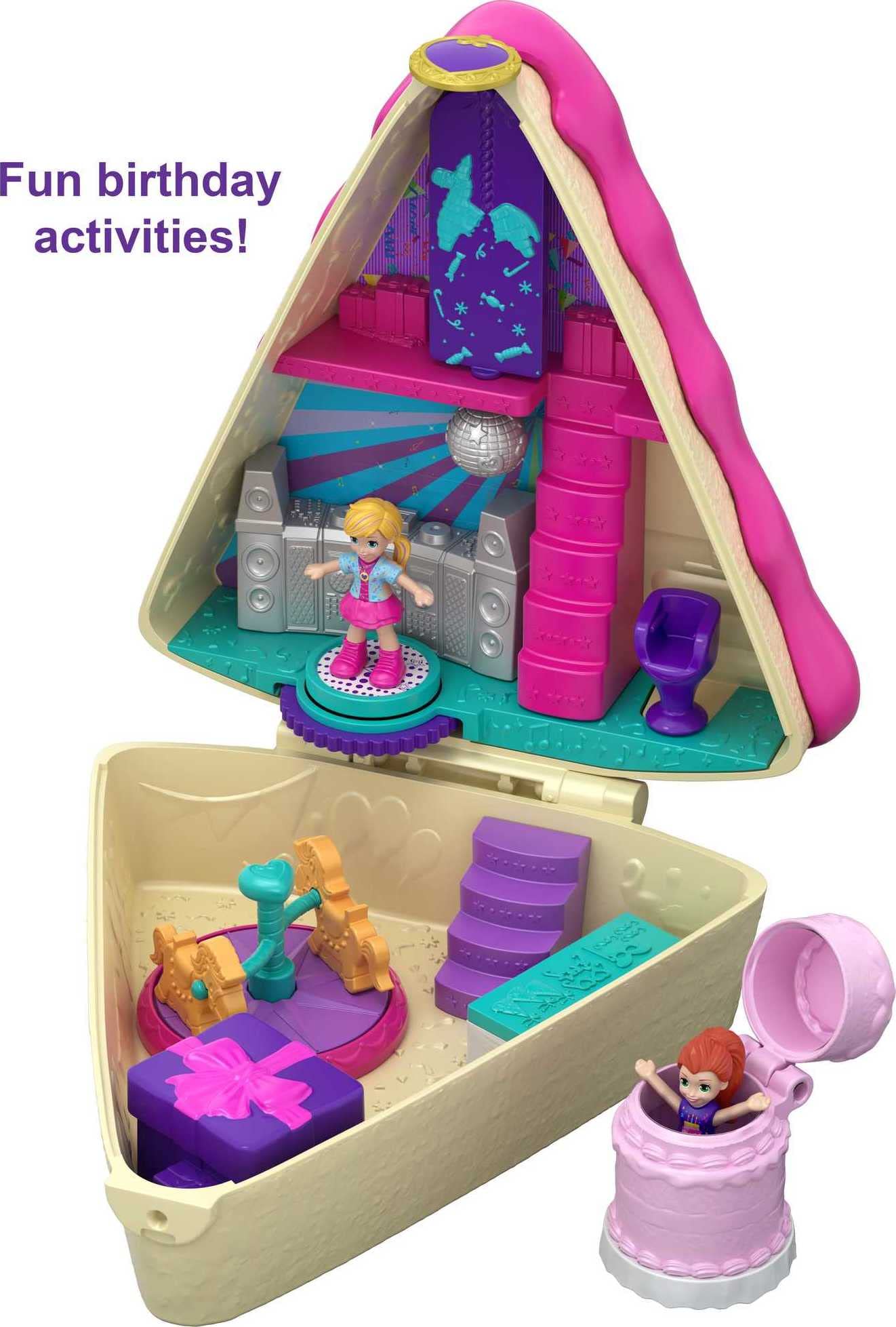 Polly Pocket Playset, Travel Toy with 2 Micro Dolls & 3 Accessories, Pocket World Birthday Cake Bash Compact