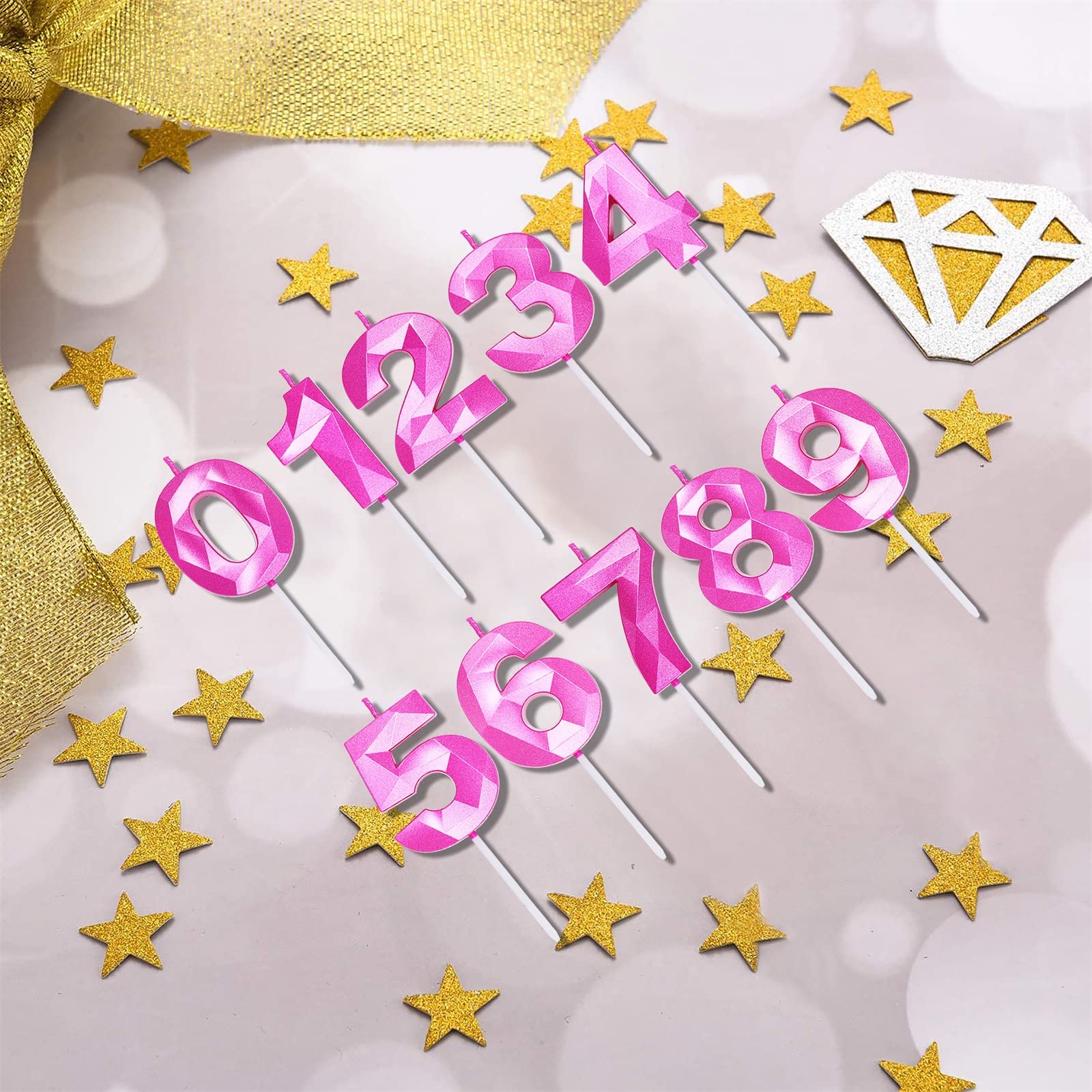 Pink Number 4 Candles and Star Heart Candles 2.76 inch Number Candles for Birthday Cakes 3D Diamond Shaped for Cake Decorations(Pink Candle 4)