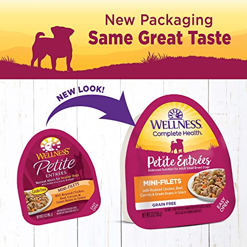Wellness Petite Entrees Mini Fillets Natural Wet Small Breed Dog Food, Roasted Chicken, Beef, Carrots & Green Beans, 3-Ounce Cup (Pack of 24)