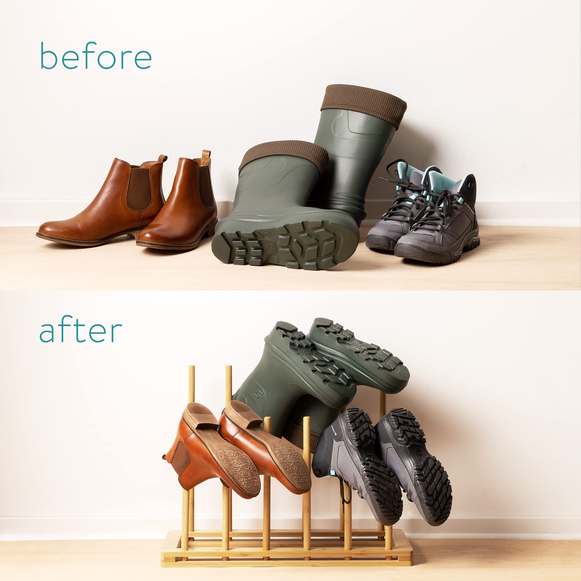 Navaris Bamboo Shoe Rack - Shoe Tree Storage Organizer Rack for Storing and Drying Boots Shoes Sneakers Rain Boots - Wood Hallway Shoe Storage Stand