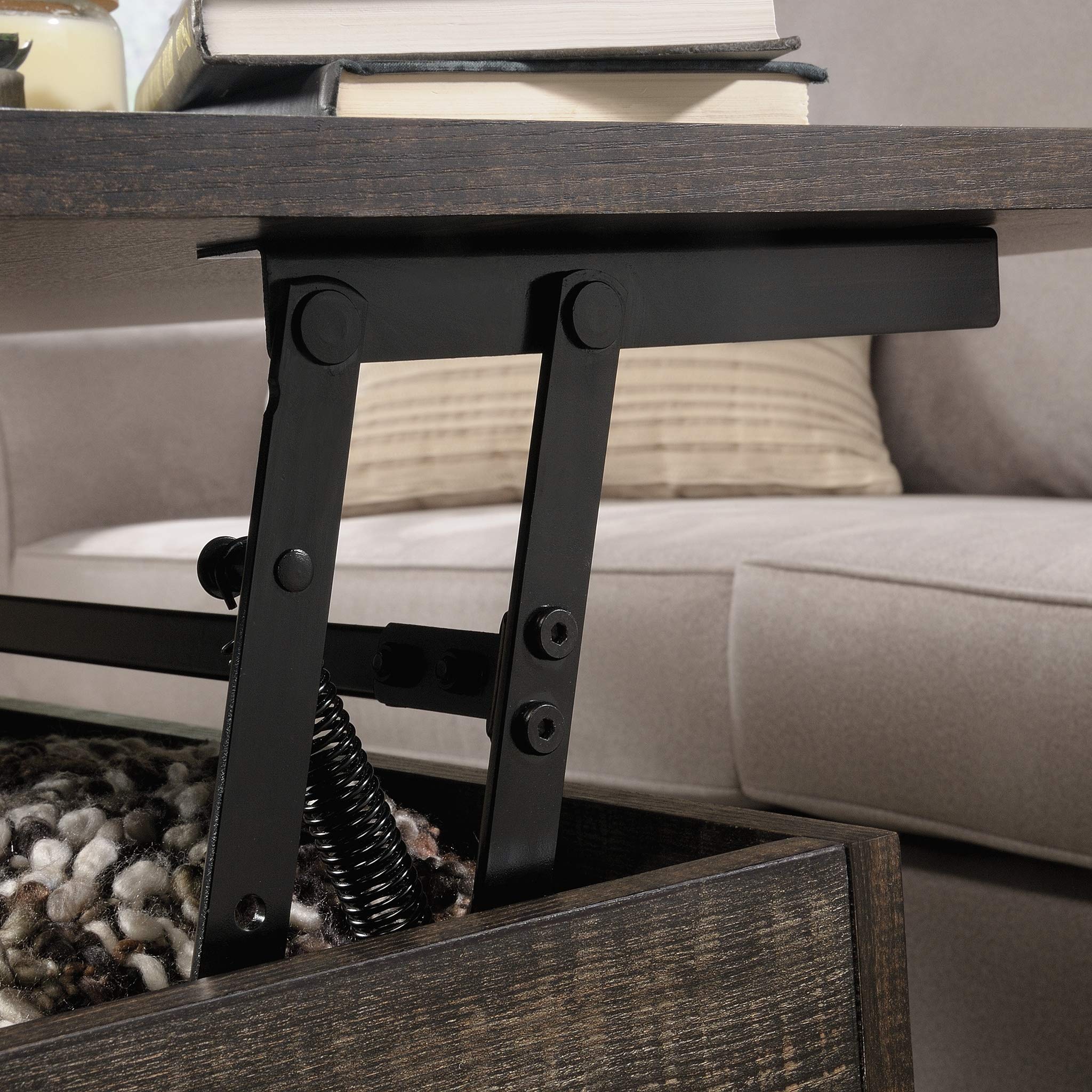 Sauder Steel River Rustic Industrial Style Lift Top Coffee Table, Coated Metal and Carbon Oak
