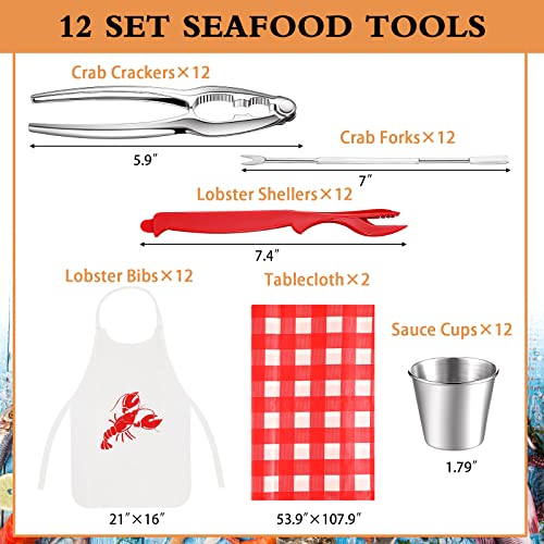 Mepase 62 Pcs Seafood Tools Set Nut Cracker Set 12 Crab Crackers, 12 Crab Forks/Picks, 12 Lobster Shellers, 12 1.7 oz Dipping Sauce Cups, 12 Lobster Bibs, 2 Red Checkered Disposable Plastic Tablecloth