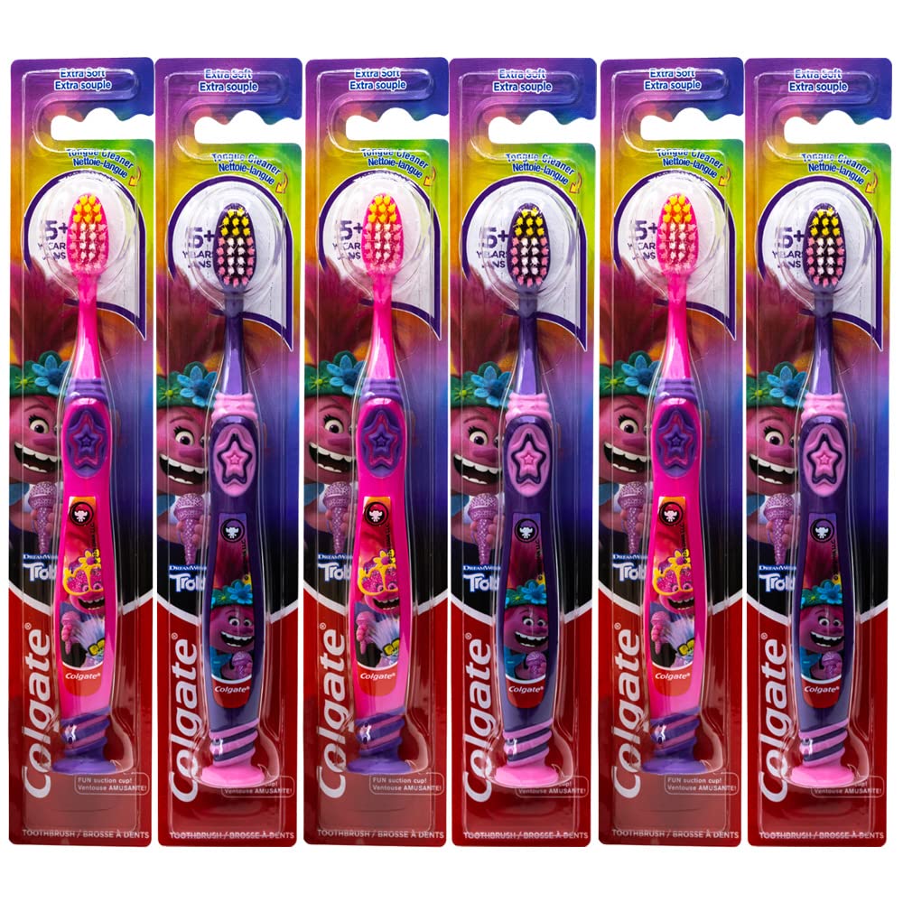 Colgate Kids Trolls Toothbrush with Suction Cup, Children Ages 5+ Extra Soft (Colors Vary) - Pack of 6