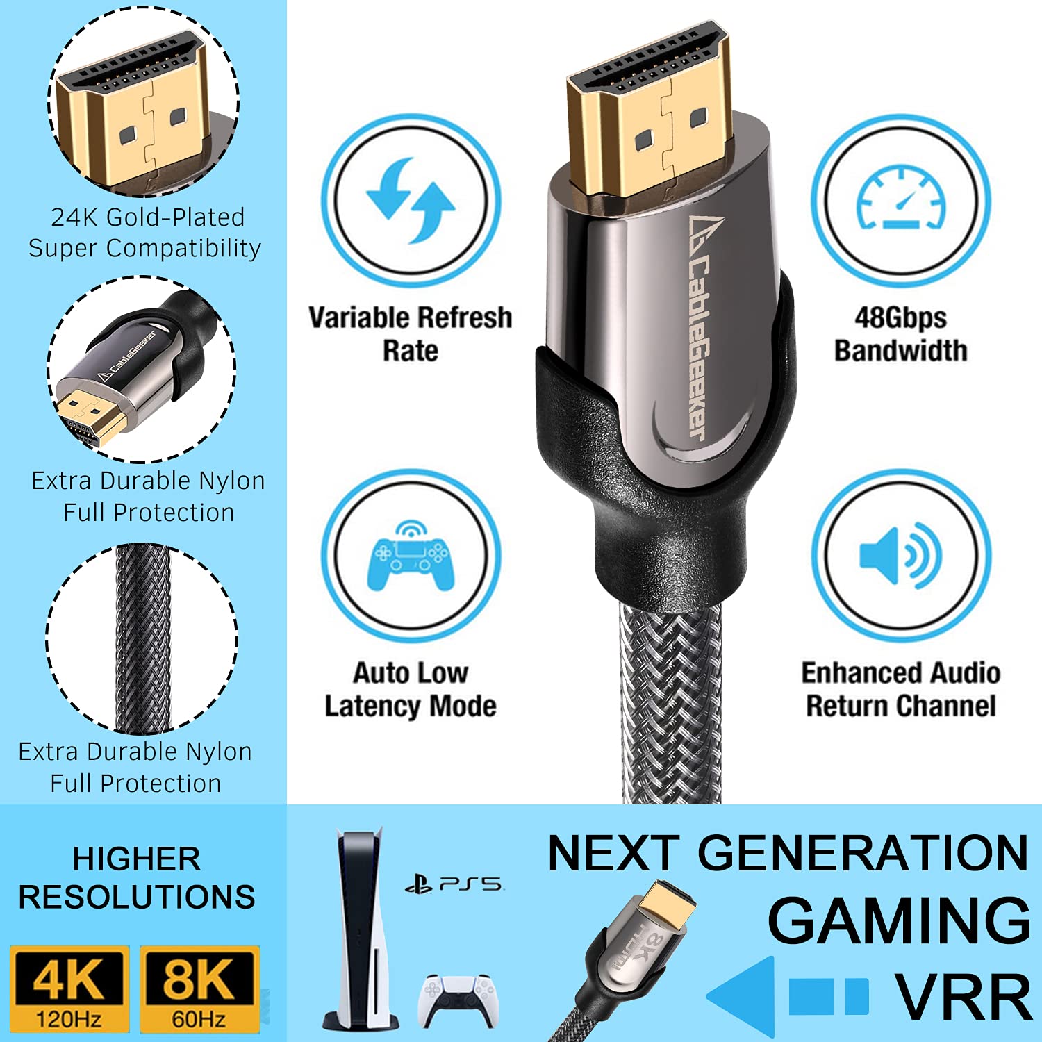 Long 8K HDMI 2.1 Cable 50FT, 48Gbps Ultra HD Lead High Speed Cord Connector, Supports 8K@60Hz, 4K@120Hz, eARC HDR10, HDCP 2.2/2.3 Dolby, VRR, Compatible with Fire TV/Roku TV/PS5/Xbox X/Switch etc