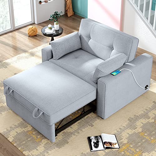 Merax 48 Inch Convertible Sleeper Bed, Multi-Functional Adjustable Sofa Couch Chair with Dual USB Ports and 2 Pillows, Gray(Linen)