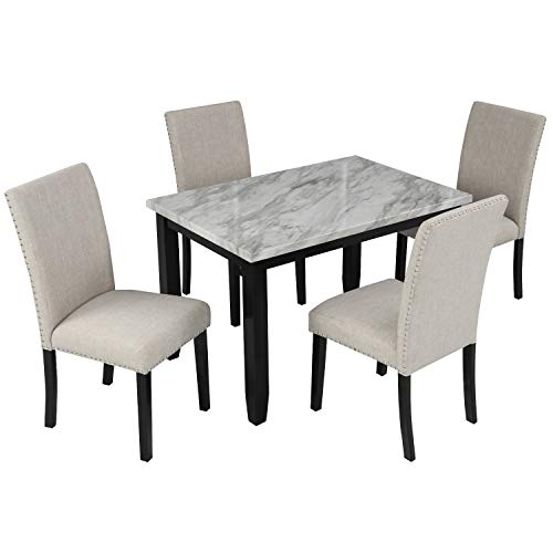 Merax 5-Piece Faux Marble and Wooden Dining Table Set with 4 Thicken Cushion Chairs for Kitchen, White + Beige
