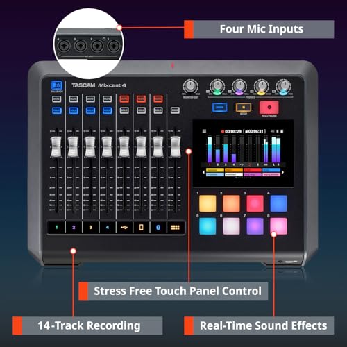 TASCAM Mixcast 4 Podcast Streaming Mixer, Recorder, and USB Audio Interface — Four XLR/TRS Mic Inputs, Touch Screen and Editing Software Included