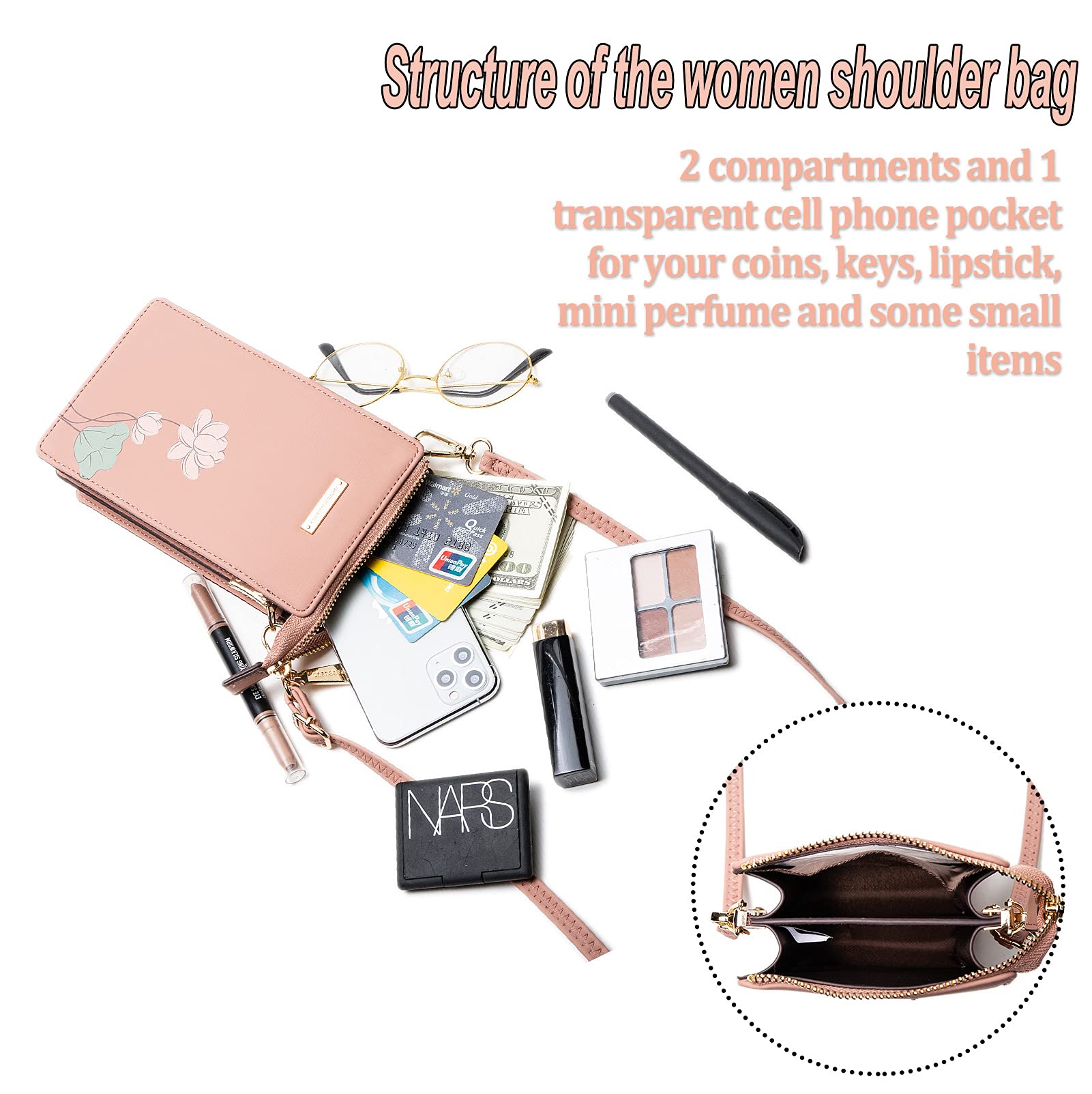 Touchscreen Phone Crossbody Bag for Women Cell Phone Purse Wallet Crossbody with Credit Card Slots for iPhone 13/13Pro etc. (Black)