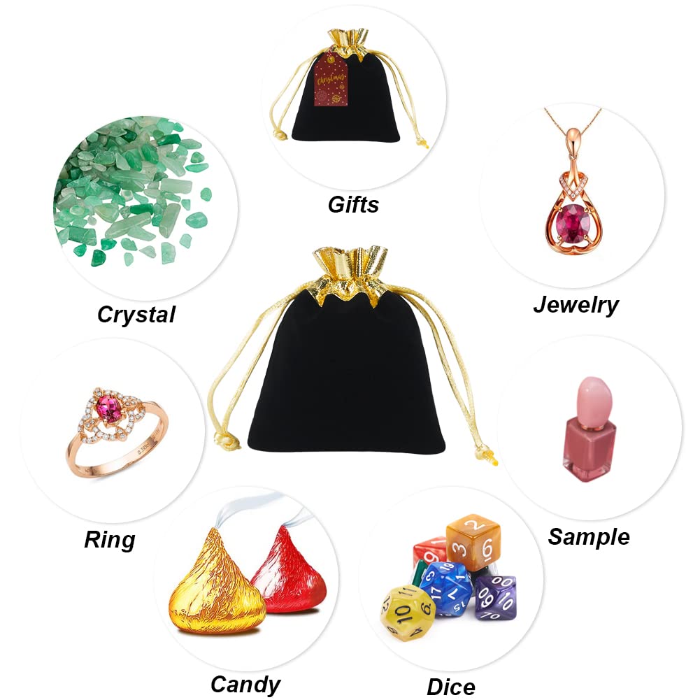 HRX Package Velvet Jewelry Bags 3x4 inch, 20pcs Black Gold Cloth Drawstring Pouches for Small Gift