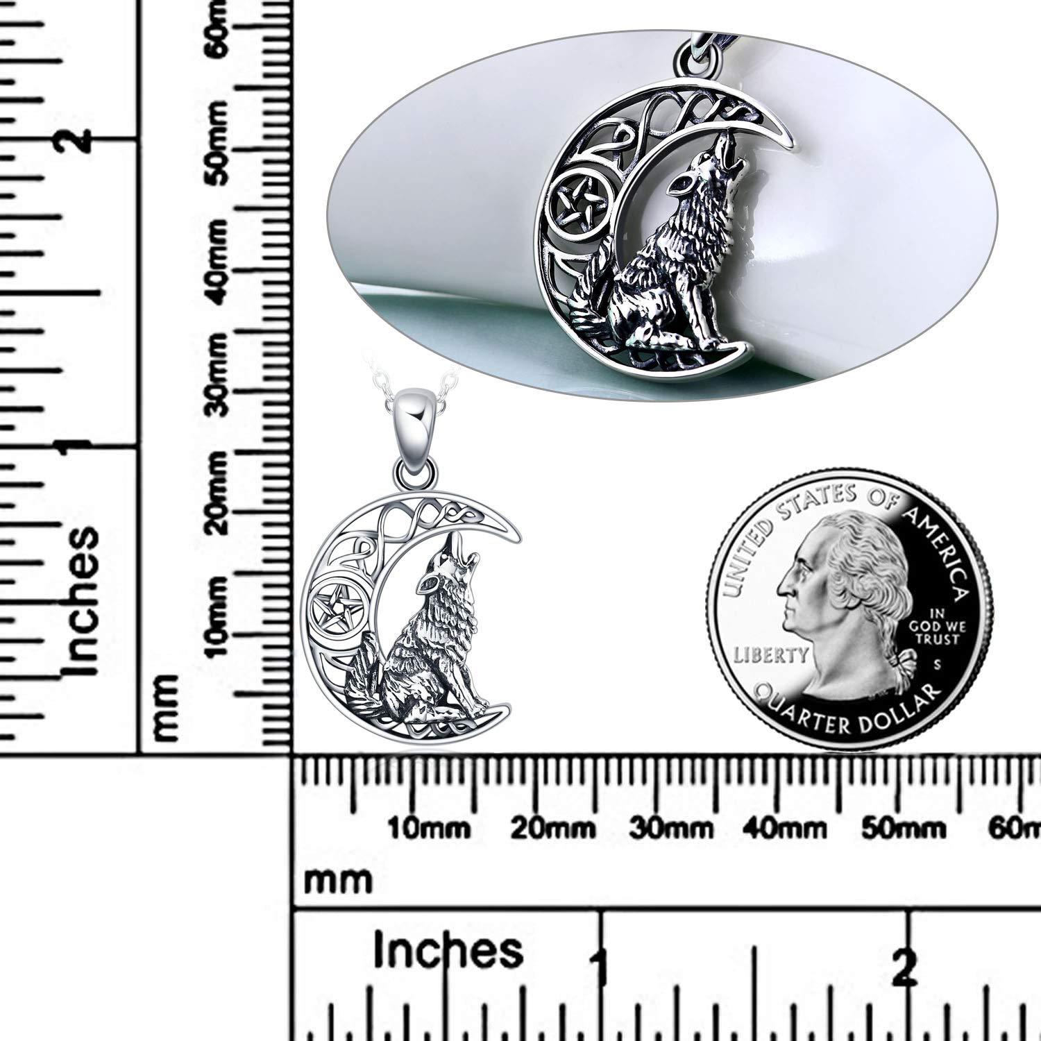 POPKIMI Sterling Silver Wolf Jewelry Howling Wolf Pendant Necklace for Men for Women, 18"+2" (Style-1)