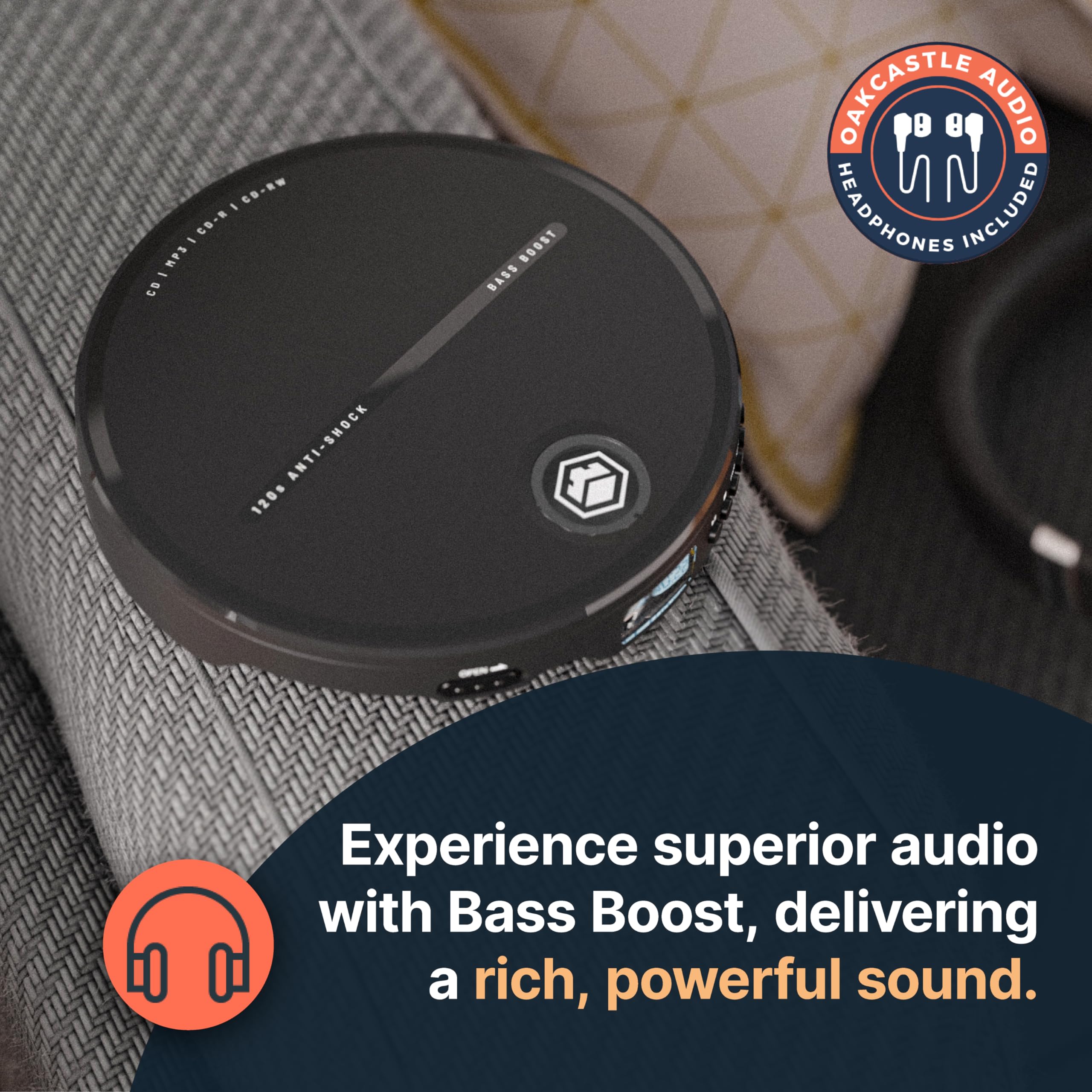 CD Player Portable, Battery Playback Portable CD Player 7Hr Playtime, Small CD Players for Car (AUX only) | Oakcastle CD10 Portable CD Player with Headphones, CD Walkman, Discman