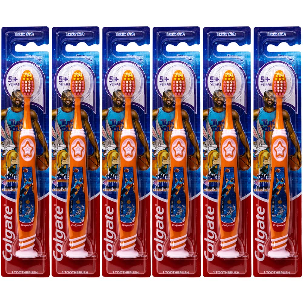 Colgate Space Jam Kids Toothbrush, with Suction Cup, 5+ Years, Extra Soft (Colors Vary) - Pack of 6