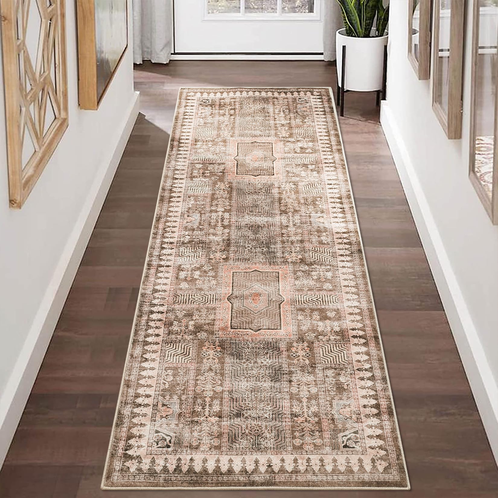 GarveeHome Hallway Runner Rug 2'x6' Washable Vintage Distressed Area Rugs Non Slip Laundry Rug Runner Floral Floor Carpet for Hallways Entryway Laundry Room Kitchen Bathroom Brown