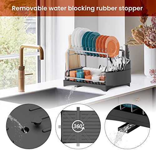 Dailyart Dish Racks for Kitchen Counter Aluminum 2-Tier Dish Drying Rack with Drainboard,Large Capacity 6-in-1 Dish Rack with 360°Swivel Spout, Never Rust Compact Detachable Dish Drainer, Gray