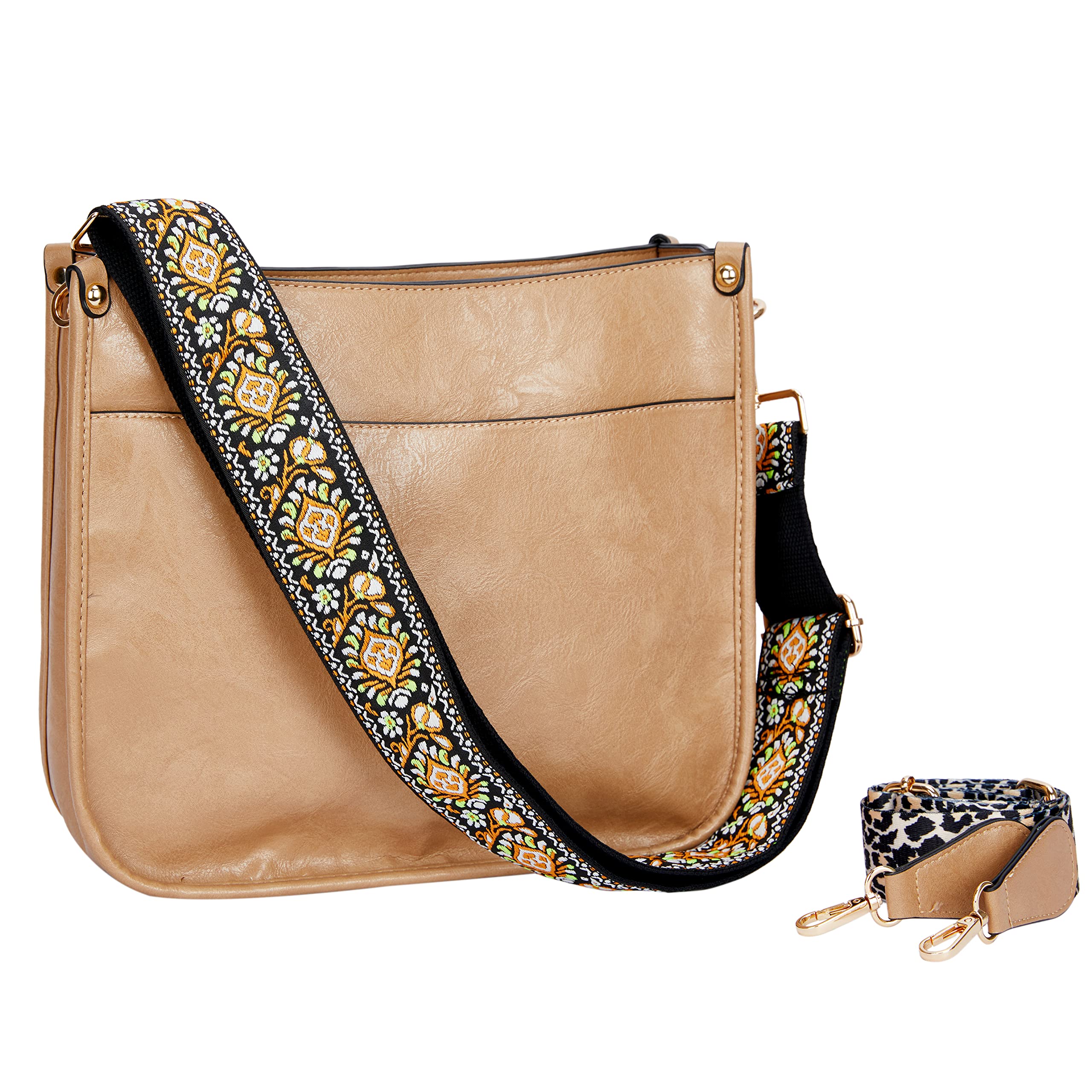 Cross Body Bag Purses for Women with Guitar Strap, Trendy Vegan Faux Leather Shoulder Bag Designer Handbag with 2 Strap (Khaki)