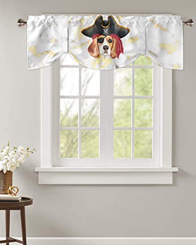 Tie Up Valance for Kitchen Windows,Abstract Geometric Pirate Dog White Gold Marble Adjustable Valances Rod Pocket Short Curtain,Cartoon Animal Tie Up Curtains Valance for Bedroom Bathroom 42x18in