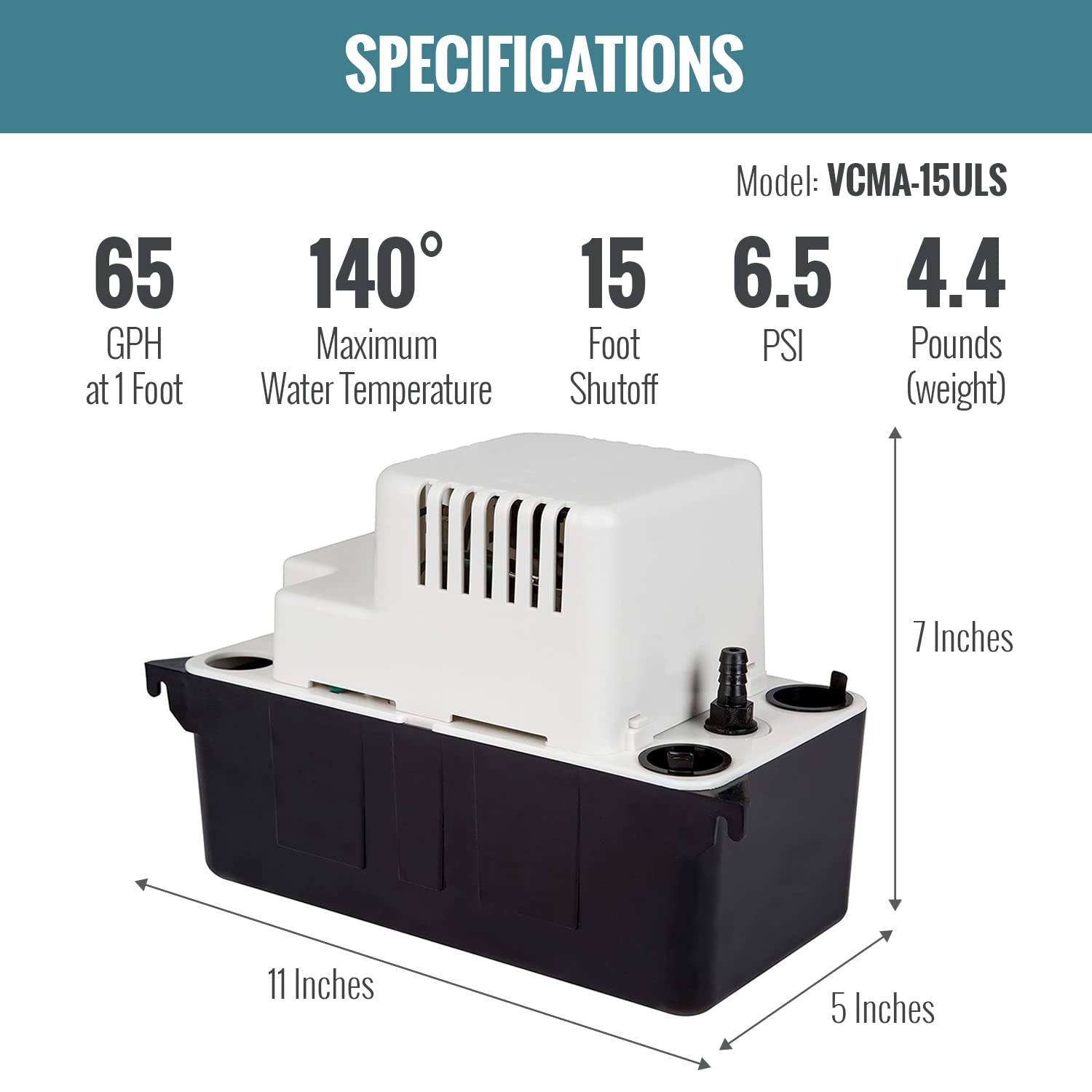 Little Giant VCMA-15ULS 115 Volt, 65 GPH, 1/50 HP Automatic Condensate Removal Pump with Safety Switch, White/Black, 554405