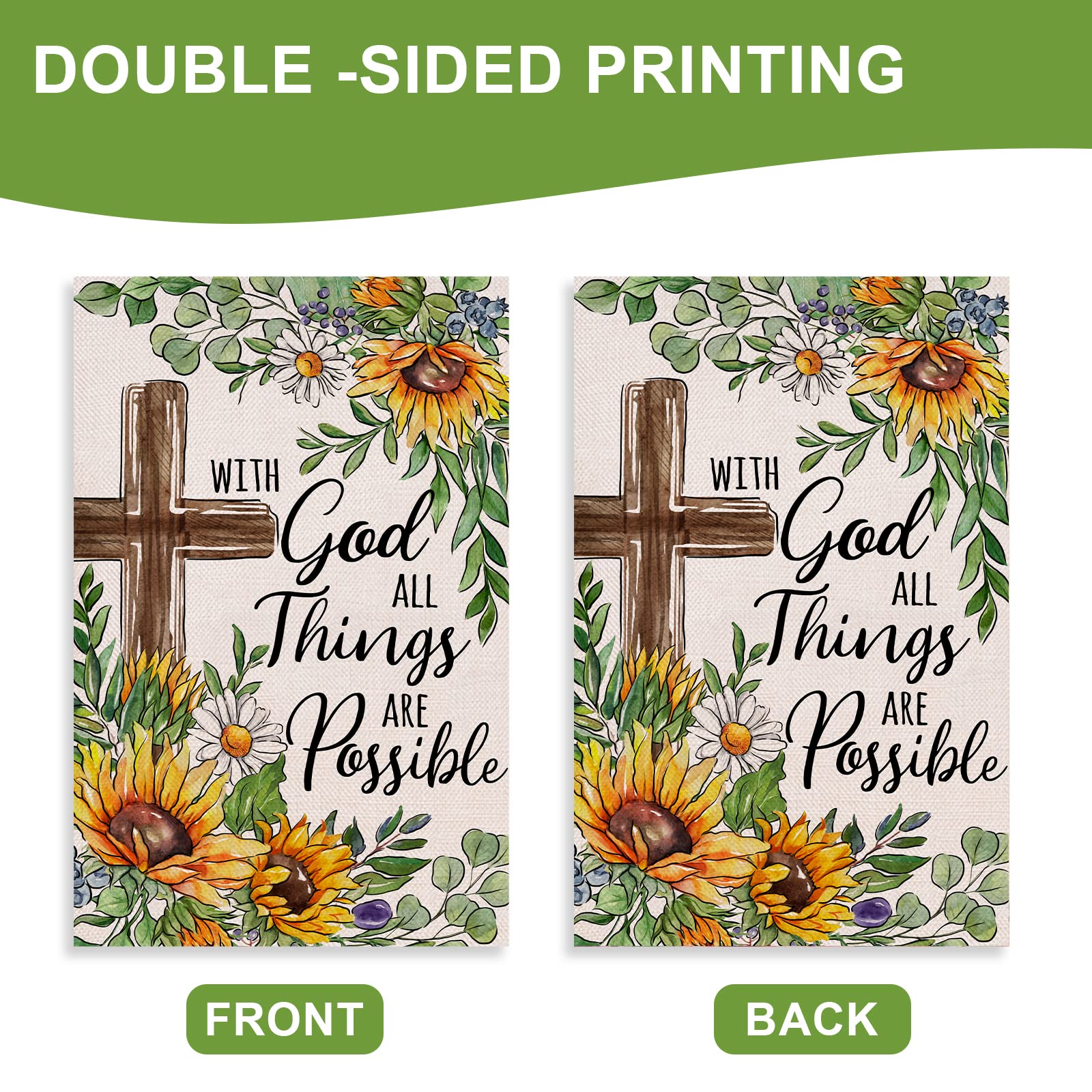 Covido With God All Things Are Possible Religious Spring Summer Easter Decorative Garden Flag, Cross Sunflower Yard Outside Decorations, Inspirational Fall Autumn Outdoor Small Home Decor 12 x 18
