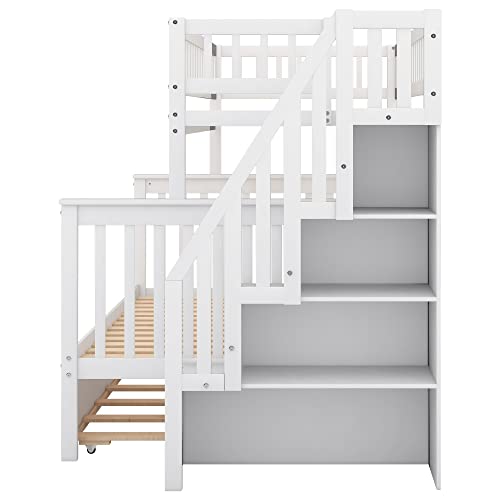 Merax Twin Over Full Bunk Bed with Trundle, Storage Staircase, and Guard Rail, No Box Spring Needed, White