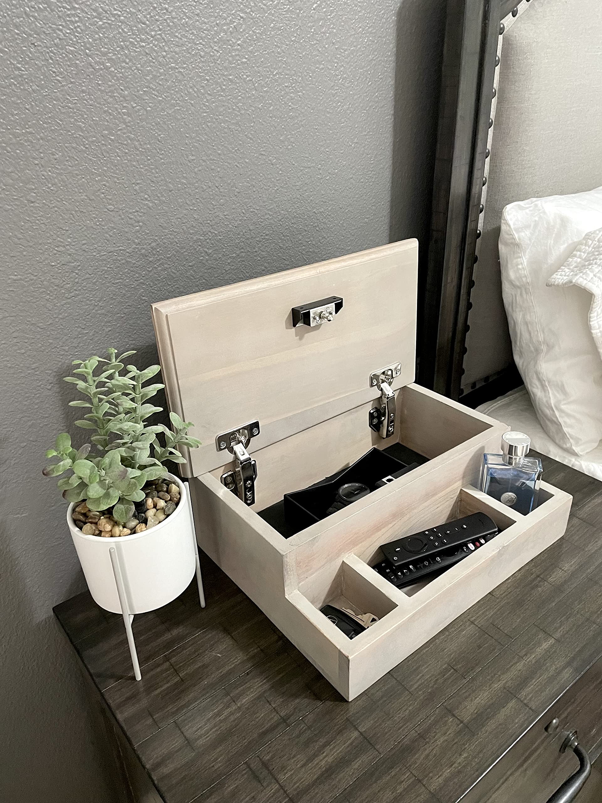 Concealed Catch-All β Concealment Valet Tray Organizer β Jewelry and Watch RFID Lock Box β EDC Tray (Whitewashed Wood)