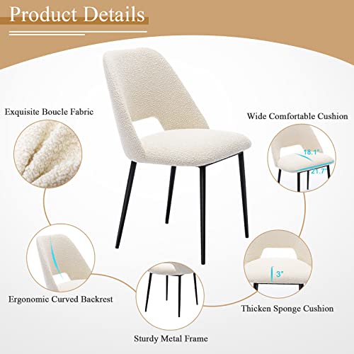 JIRAIN Mid Century Modern Dining Chair Set of 2, Boucle Fabric Upholstered Dining Chairs with Metal Legs, Round Back Sherpa Chairs for Kitchen Living Room(Armless, Beige)