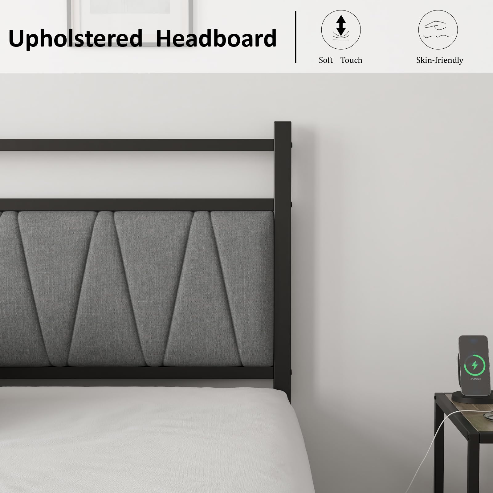 CollaredEagle Queen Size Bed Frame with Charging Station, Metal Platform Bed Frame with Fabric Upholstered Headboard, No Box Spring Needed, Large Under Bed Storage, Non-Slip, Black