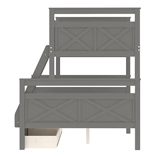 Merax Twin Over Full Bunk Bed with 2 Storage Drawers, Ladder and Guardrail, Can be Converted into 2 Separated beds, Grey