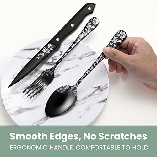 MOVNO 24-Piece Black Silverware Set, Food-Grade Stainless Steel Black Flatware Cutlery Set Service for 4, Durable Metal Tableware Utensils Set with Fork Spoon Knife, Mirror Polished
