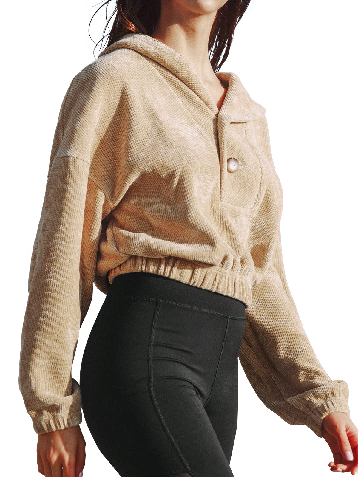 CUPSHE Women's Long Sleeve Sweatshirt Half Placket Button Front Casual Pullover Tunic Tops, XL Khaki