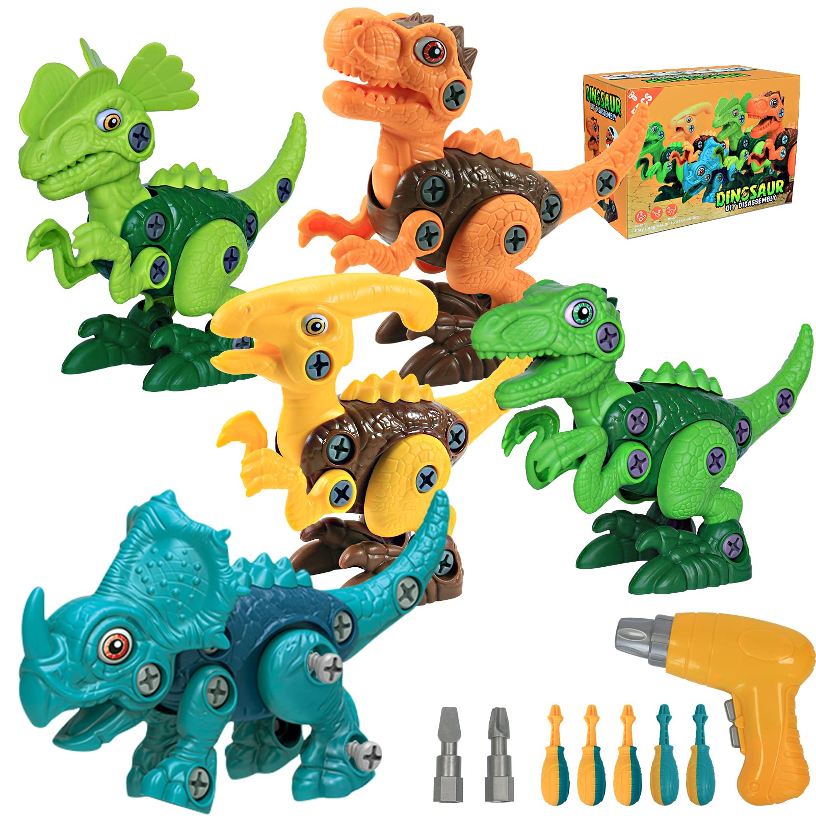 Teiiluve (5 Pack) Dinosaur Toys for Kids 3, 4, 5, 6, 7 8 - Kids Toys with Electric Drill - Stem Learning Construction Building Toys - Party Birthday Gifts for Kids Boys Girls