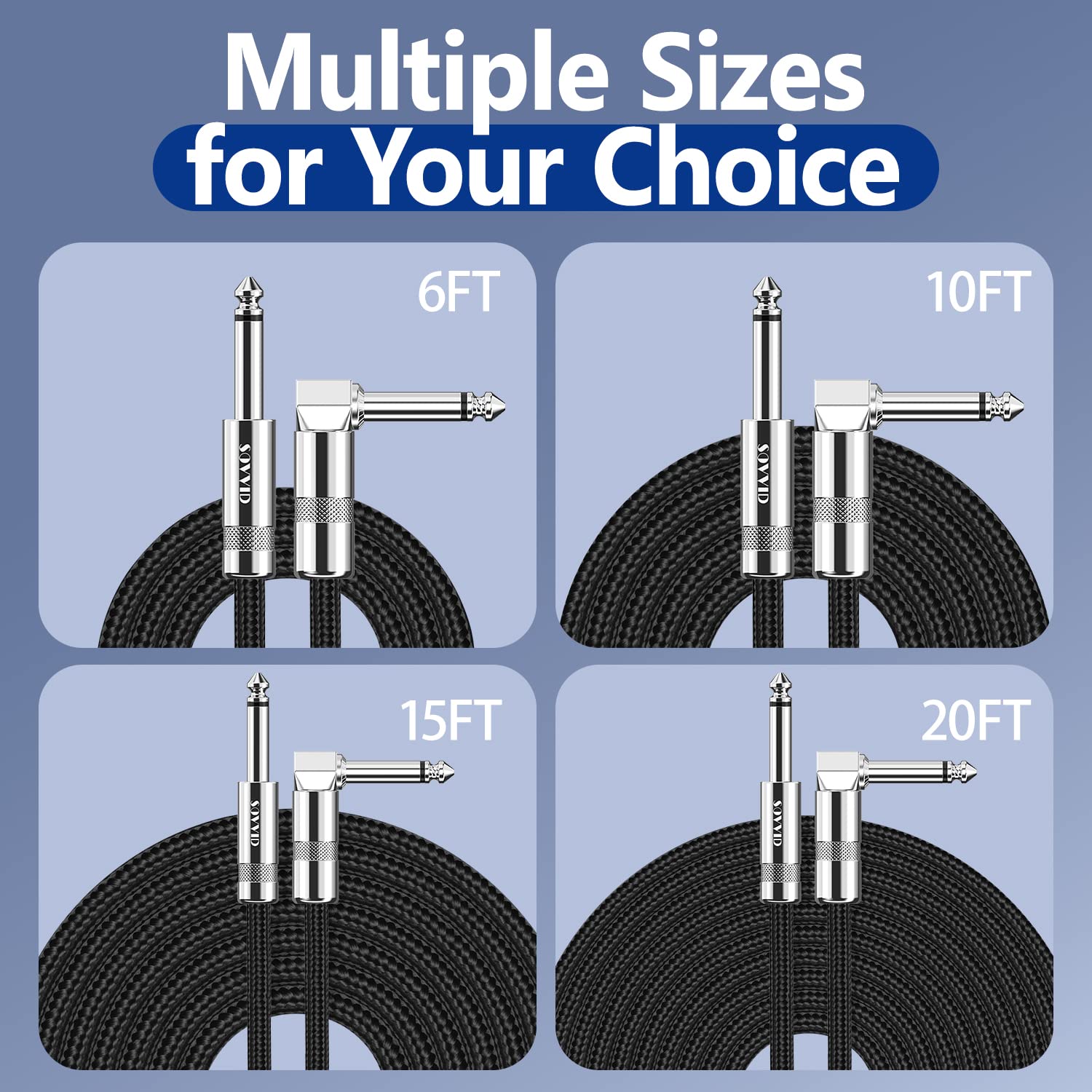 Sovvid Guitar Cable 10FT Professional Instrument Cable Electric Guitar AMP Cord Updated Version 1/4 TS Cable for Guitar Bass Mandolin Keyboard and Pro Audio, Right Angle to Straight (Black White)