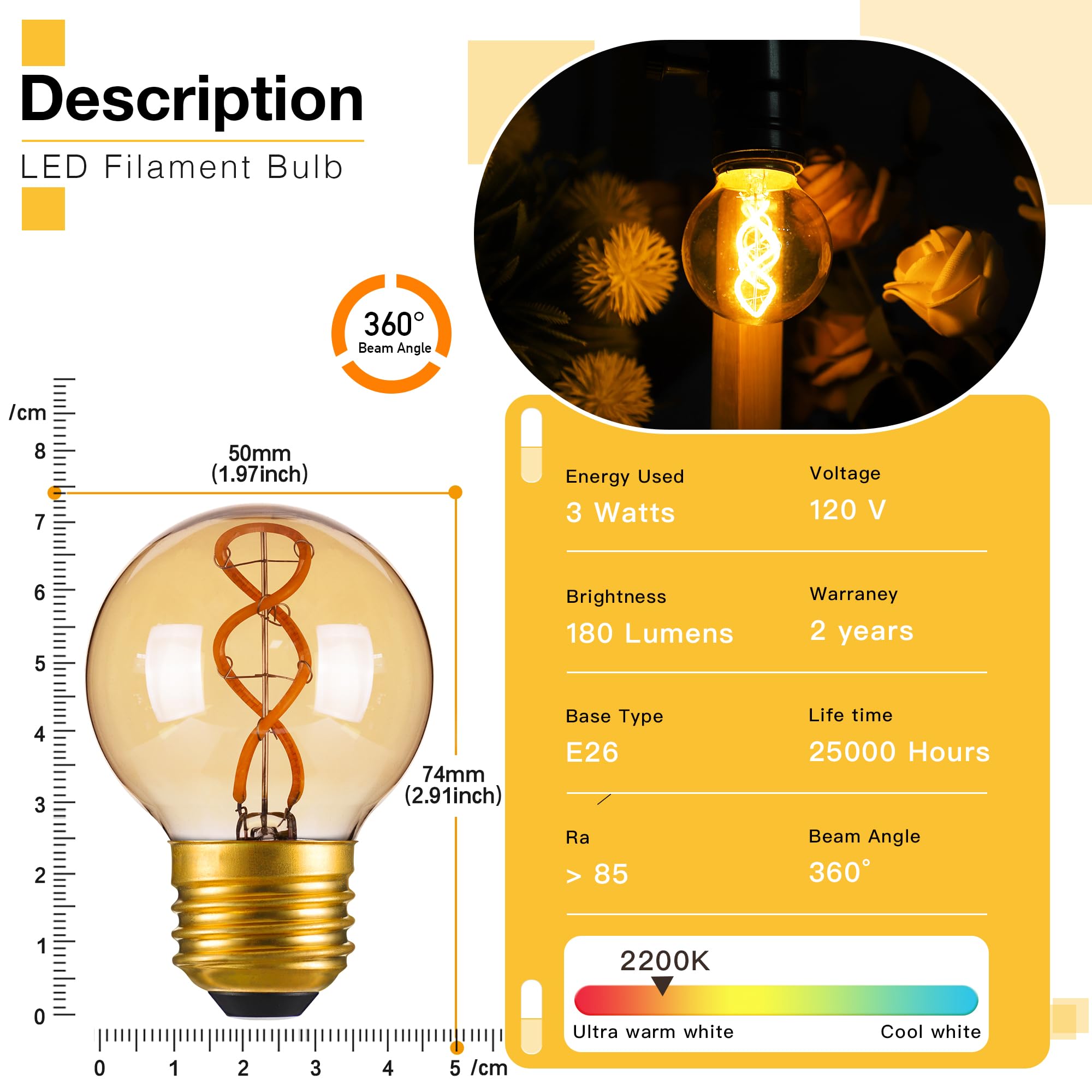 Genixgreen Dimmable E26 Amber LED Bulb Small Edison Light Bulb 25 Watt Equal 3W,G16.5/G50 Antique Globe Spiral Filament Bulb for Vanity Outdoor Light Strings,Soft White 2200K,180LM,2 Pack