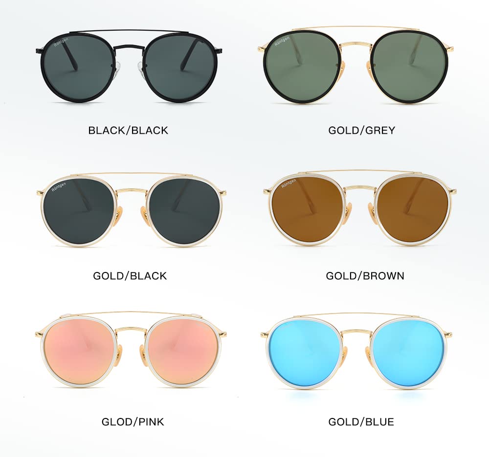 CONRAD RONTGEN Retro Round Sunglasses for Women Men Double Bridge UV400 Protection Black Frame Black Lens