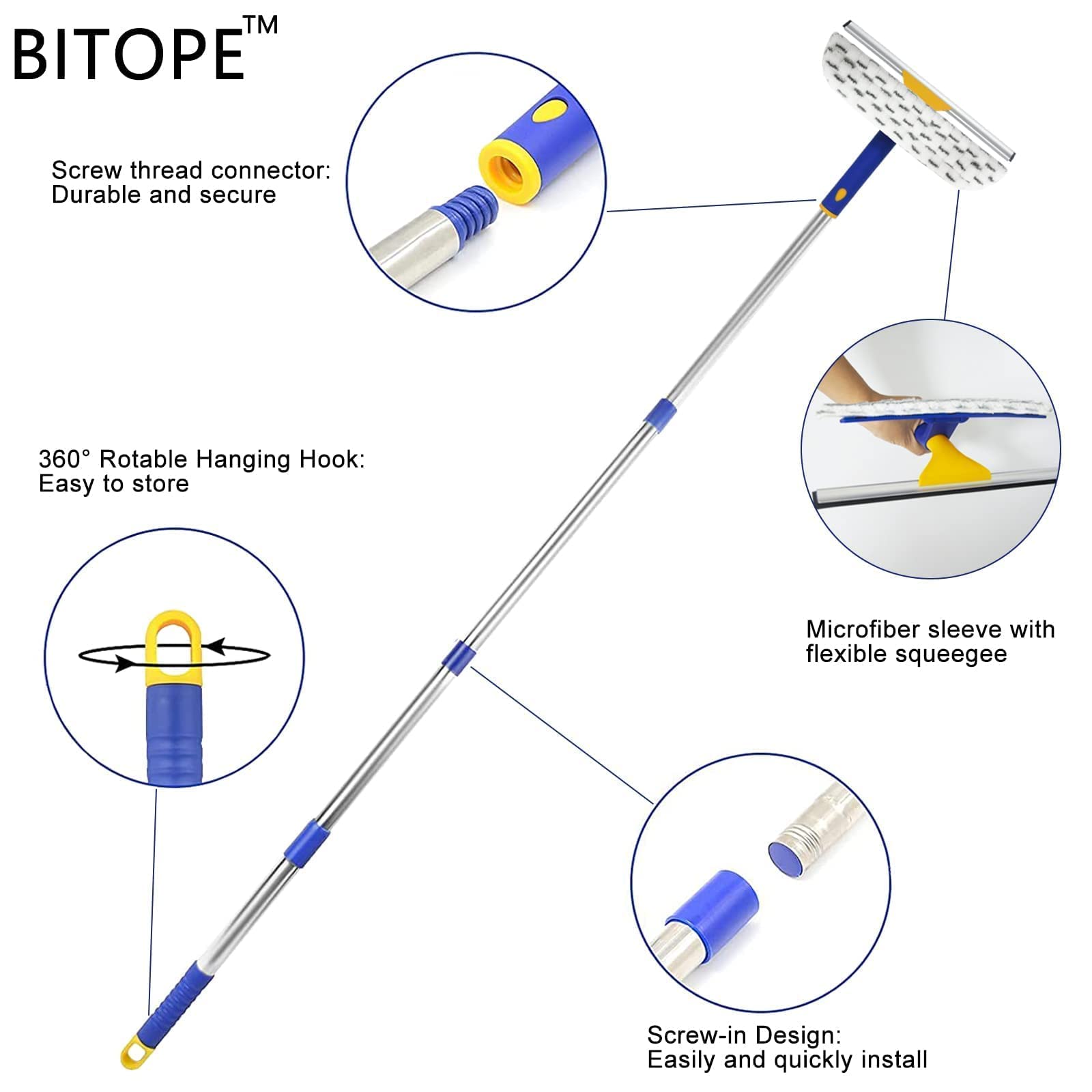 BITOPE 2 in 1 Squeegee for Window Cleaning, 60" Extension Pole Long Handle Window Cleaner Tool,12" Window Squeegee and 2pcs 11" Microfiber Pads for Shower Glass Door, High Window Cleaning Kit