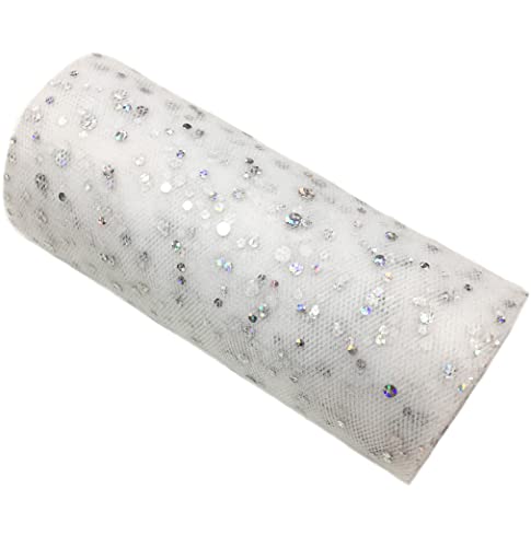 Lauthen.S Glitter Sequins Tulle Rolls 6 inch x 25 Yards Decorative Tulle Fabric Roll for Table Runner Chair Sash Bow Tutu Skirt Sewing Craft Wedding Birthday Baby Shower Ribbon Supplies(White)
