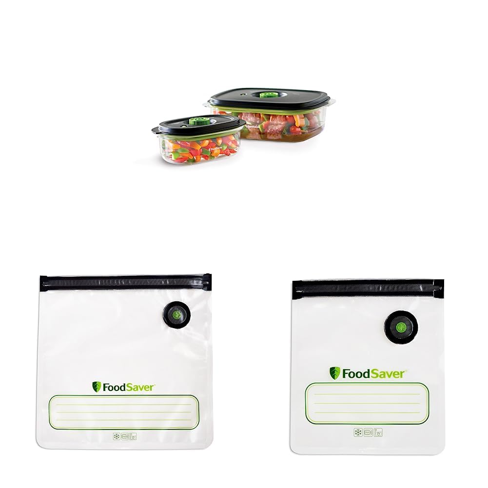 FOODSAVER 2116382 Preserve & Marinate Vacuum -Containers & Reusable Gallon Vacuum Zipper Bags, 8 Count & Reusable Quart Vacuum Zipper Bags, 10 Count
