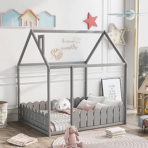 MERITLINE Full Size Bed House Bed, Montessori Beds Frame with Fence, Kids Wood Floor Cottage Beds, Playhouse Bed Frame for Girls Boys Teens, Box Spring Needed, Grey