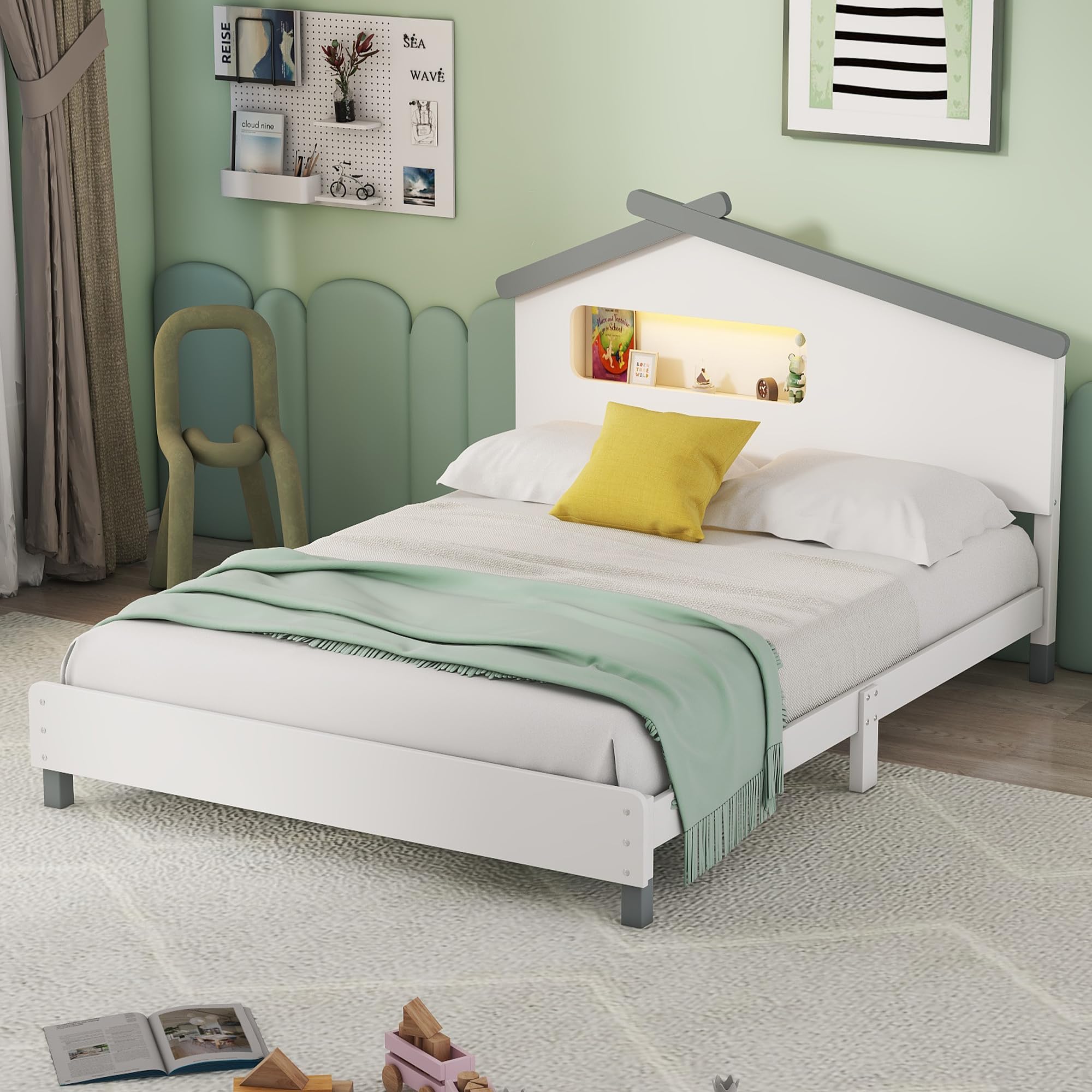 Full Size House Platform Bed with LED Lights, Wood Kids Floor Bed Frame with Headboard and Slats Support, No Box Spring Needed, White with Pink